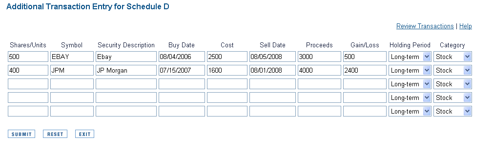 Additional Transaction Entry for Schedule D